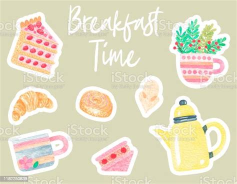 주전자 쿠키 차 케이크 찻주전자 팬케이크 및 기타 맛있는 음식과 음료 차와 과자의 수채화 귀여운 세트 티 타임 및 아침 식사