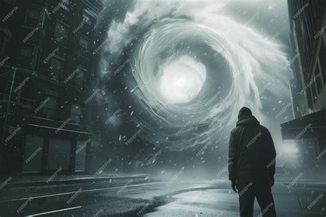 A Person Standing On The Street Looking At A Giant Vortex Approaching Them Premium Ai