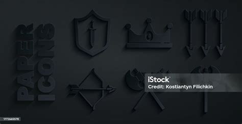 중세 도끼 화살 중세 활 왕관 방패 등 검 아이콘을 교차했습니다 벡터 3차원 형태에 대한 스톡 벡터 아트 및 기타 이미지 3차원 형태 강철 검은색 Istock
