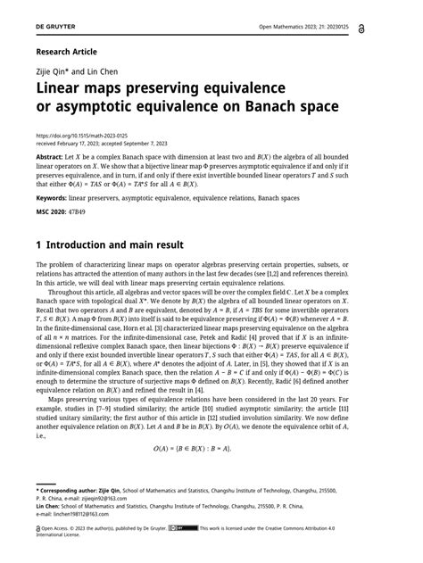 PDF Linear Maps Preserving Equivalence Or Asymptotic Equivalence On Banach Space