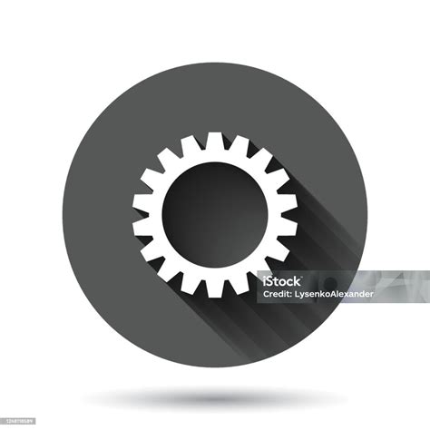 평평한 스타일의 기어 벡터 아이콘입니다 긴 그림자 효과와 검은 색 둥근 배경에 톱니 바퀴 그림 기어 휠 톱 버튼 비즈니스 개념 개념에 대한 스톡 벡터 아트 및 기타 이미지