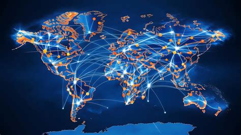 A World Map Glowing With Blue And Orange Points Of Light Interconnected