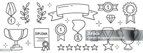 시상식 챔피언 우승자 낙서 세트 트로피 컵 메달 주문 우승자의 깃발 리본 1 위 요소 손으로 그린 낙서 1위에 대한 스톡 벡터