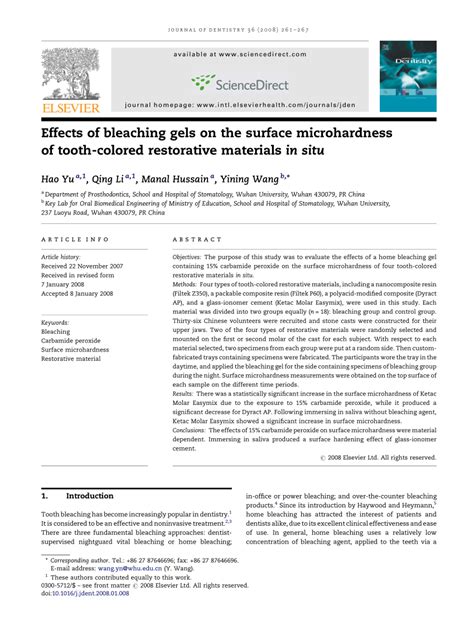 Pdf Effects Of Bleaching Gels On The Surface Microhardness Of Tooth