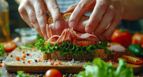 Close Up Of Hands Assembling A Fresh Ham And Tomato Sandwich On A