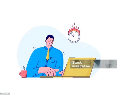마감 기한 압력에 열심히 일하는 사람 제 시간에 프로젝트를 끝내려고하는 남자 사무실 직원 사업가 또는 프리랜서의 마감 기한을 태우십시오 벡터 일러스트 레이션 개념 검사