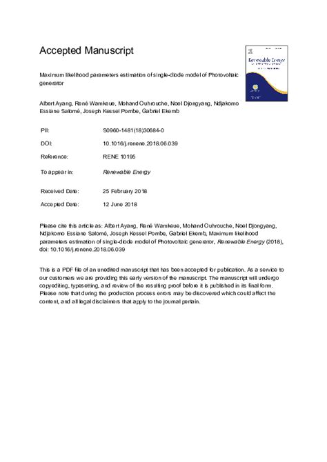 Pdf Maximum Likelihood Parameters Estimation Of Single Diode Model Of