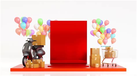 쇼핑 카트 소포 상자 및 광고 쇼핑을위한 풍선 3d 렌더링이있는 프로모션 무대 쇼 3차원 형태에 대한 스톡 사진 및 기타 이미지 3차원 형태 Brand Name