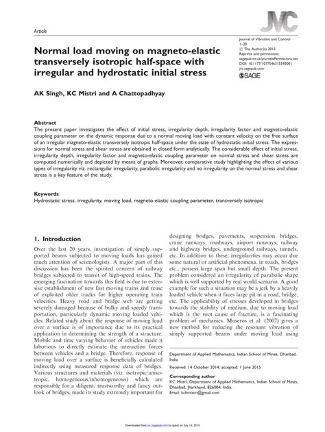 [pdf] Normal Load Moving On Magneto Elastic Transversely Isotropic Half Space With Irregular And