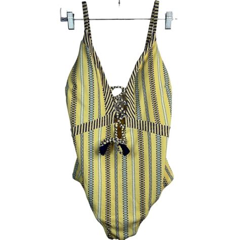 Jessica Simpson Swim Jessica Simpson Aztec Boho Stripes Plunge Neck Front Lace Up Onepiece