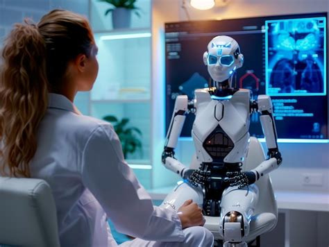 Premium Photo Woman Discussing Medical Data With Robot Premium Photo Woman Discussing Medical Data With Robot