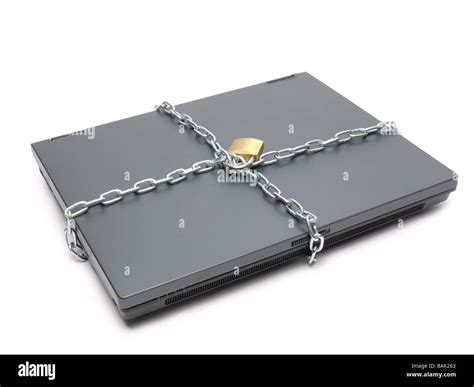 Closed Laptop Wrapped Around With Metal Chain And Locked With Padlock Shot Over White Stock