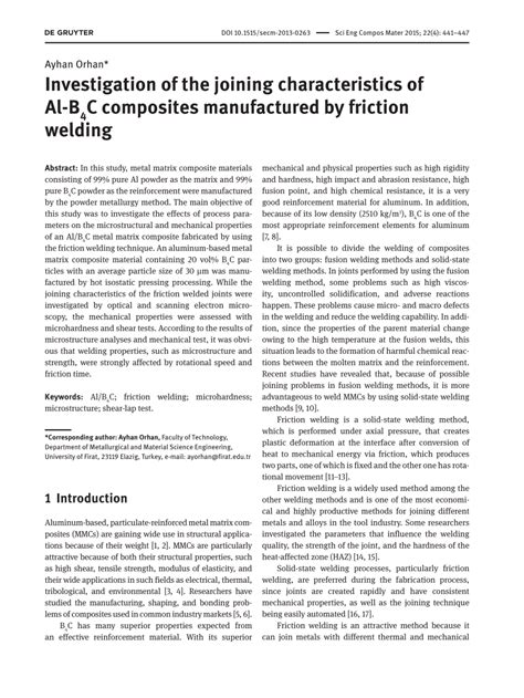 Pdf Investigation Of The Joining Characteristics Of Al B4c Composites Manufactured By Friction