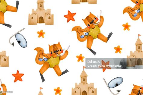 완벽 한 패턴 다람쥐 잠수부 모래성 바닷속 손으로 그린 만화 여름 배경벽지 해변과 여름 휴가 휴가 직물 섬유 브랜딩에 대한 배경을 반복 가공의 인물에 대한 스톡 벡터 아트