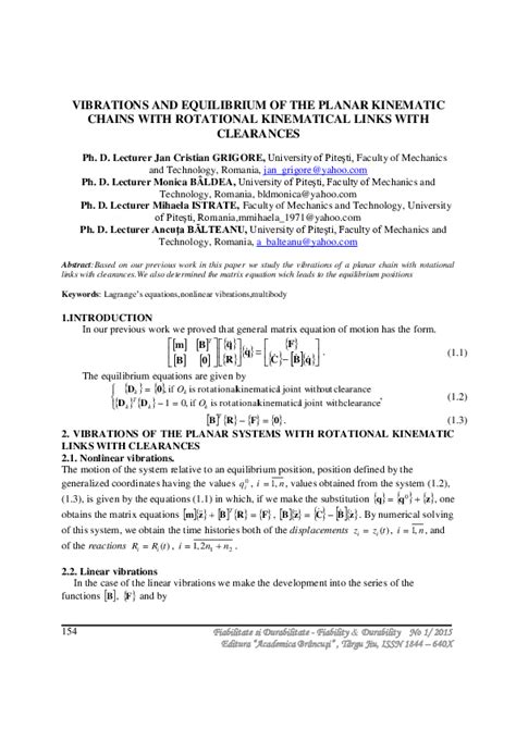 Pdf Vibrations And Equilibrium Of The Planar Kinematic Chains With Rotational Kinematical