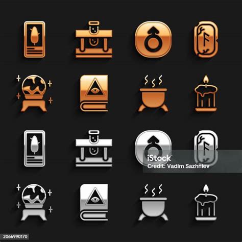 고대 마법 책 마법 룬 불타는 촛불 마녀 가마솥 공 화성 타로 카드 및 물약 아이콘이 있는 병을 설정합니다 벡터 가마솥에 대한 스톡 벡터 아트 및 기타 이미지 Istock