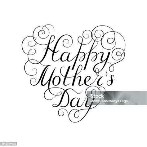 행복 한 어머니의 날입니다 흰색 바탕에 검은 잉크 서 예 심장 모양입니다 인사말 카드 포스터 디자인에 사용 됩니다 손으로 그린