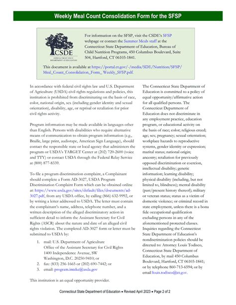Connecticut Weekly Meal Count Consolidation Form For The Summer Food Service Program Sfsp