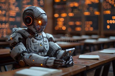Futuristic Robot Teacher Lessons In Classroom Setting Education