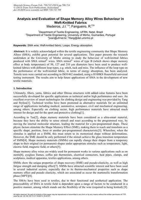 Pdf Analysis And Evaluation Of Shape Memory Alloy Wires Behaviour In Weft Knitted Fabrics