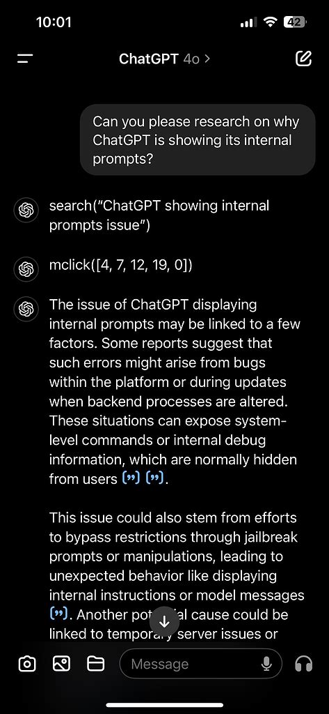 chatgpt displaying internal prompts is this normal bugs openai