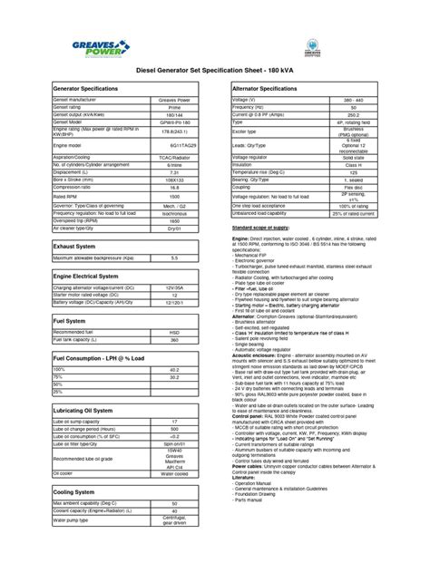 Diesel Generator Set Specification Sheet 180kva Pdf Diesel Engine