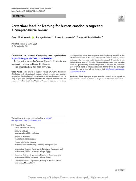 Pdf Correction Machine Learning For Human Emotion Recognition A Comprehensive Review