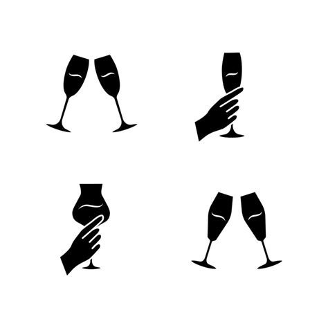 Wine Service Glyph Icons Set Clinking Champagne Glasses Hands Holding Alcohol Drinks