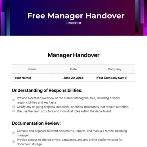 Free Manager Handover Checklist Template To Edit Online