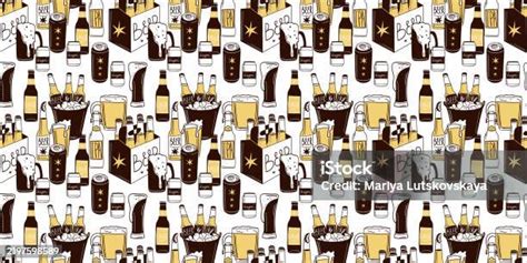 맥주 완벽 한 패턴입니다 병 유리 캔 알코올 음료 에일 라거 및 Ipa 크래프트 양조장 옥토버페스트 펍 음료 장식 섬유 포장