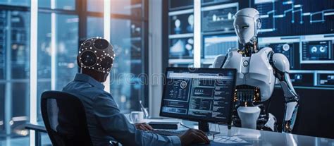 Ai Robot Analyzes Data On Multiple Monitors In Futuristic Office