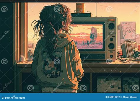 Girl Watching TV Lo Fi Style Stock Illustration Illustration Of Comics Poster