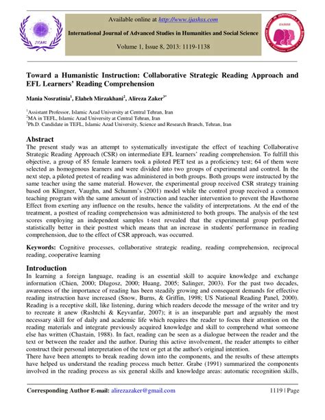 Pdf Toward A Humanistic Instruction Collaborative Strategic Reading Approach And Efl Learners