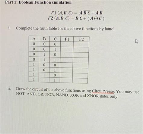 Solved Part 1 Boolean Function Simulation F1 A B C Abc Ab