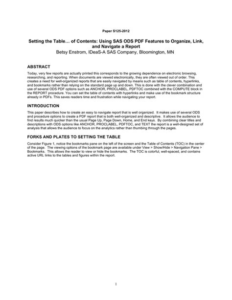 Setting The Table Of Contents Using Sas Ods Pdf Features To