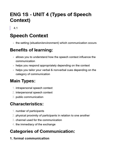 Eng 1s Unit 4 Types Of Speech Context Pdf Communication Nonverbal