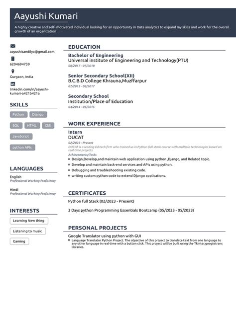 Aayushis Resume Pdf Python Programming Language Computing