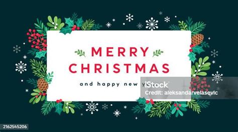겨우살이 가지 솔방울 호랑가시나무 잎 딸기 눈송이와 메리 크리스마스 인사말 카드 크리스마스에 대한 스톡 벡터 아트 및 기타 이미지 크리스마스 프레임 공휴일 Istock