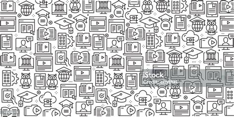 벡터 선형 유행 스타일전자학습벡터에 관련 된 선형 아이콘으로 원활한 패턴 E학습에 대 한 디자인 서식 파일의 요소 집합 패턴에 대한 스톡 벡터 아트 및 기타 이미지 Istock