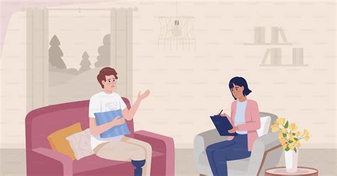 다리 보철물을 가진 남자는 심리 치료 평면 컬러 벡터 그림입니다 장애인 환자 지원 복구 프로그램 완전히 편집 가능한 2d 간단한 만화 인테리어와 심리학자 사무실을