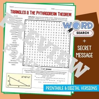 Triangles Word Search Puzzle Pythagorean Theorem Math Activity Worksheet