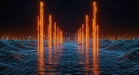 Futuristic Digital Landscape With Neon Grid And Glowing Data Pillars