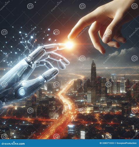 Futuristic Skyline With Human And Robotic Interaction Stock Image Image Of Cybernetic Modern