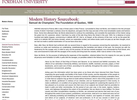 Fordham University Modern History Sourcebook Samuel De Champlain Primary For 9th 10th Grade
