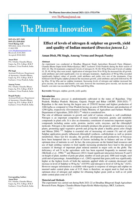 (PDF) Effect of levels of nitrogen and sulphur on growth, yield and ...
