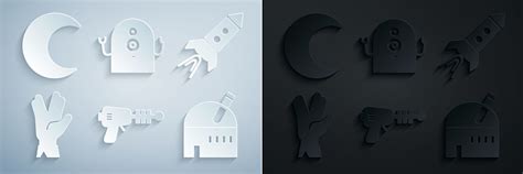 레이 건 불이 붙은 로켓 우주선 벌컨 경례 천문대 외계인과 달 별 아이콘을 설정합니다 벡터 3차원 형태에 대한 스톡 벡터 아트 및 기타 이미지 Istock