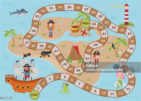 아이들을 위한 만화 해적 보물 지도 보드 게임 지도에는 귀여운 인어 해적 문어 상어 등대 보물섬 상자 및 배가 있습니다 보물지도에 대한 스톡 벡터 아트 및 기타 이미지