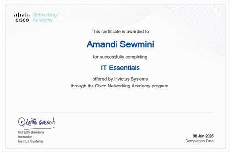 🎓 proud to have completed the it essentials course via the cisco networking academy amandi
