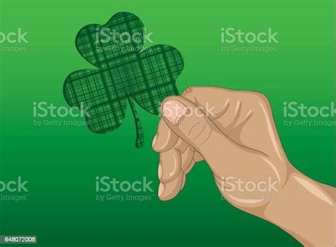 손 화려한 클로버 나무 잎을 보유 하고있다 축 하 개념 성 패 트 릭의 날입니다 인사말 카드입니다 녹색 배경에 벡터 일러스트입니다 텍스트 및 레이블에 대 한 여유 공간 3