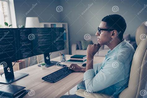 Side Shot Of Confident Young Web3 Developer Touch Chin Man Thinking